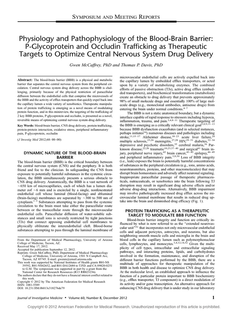 Physiology and Pathophysiology of the Blood-Brain Barrier | PDF | Cell ...