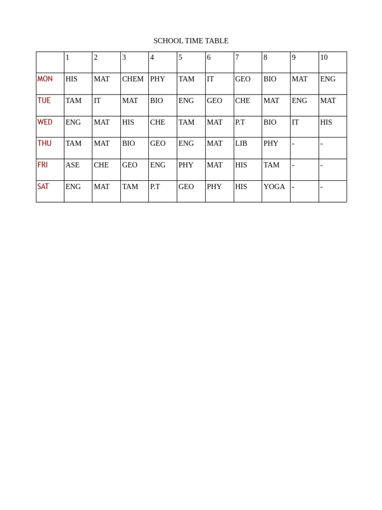 School Time Table | PDF