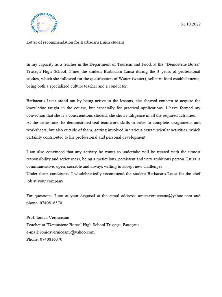 Model Scrisoare de Recomandare Din Partea Profesorului - English | PDF