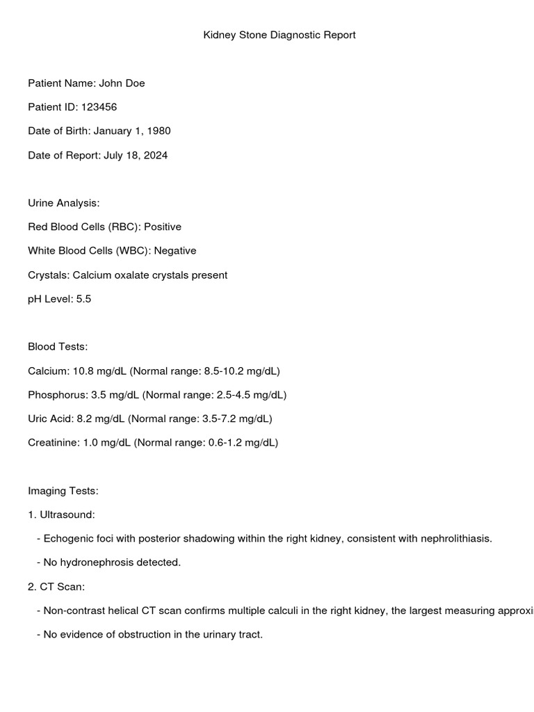 Kidney Stone Diagnostic Report | PDF