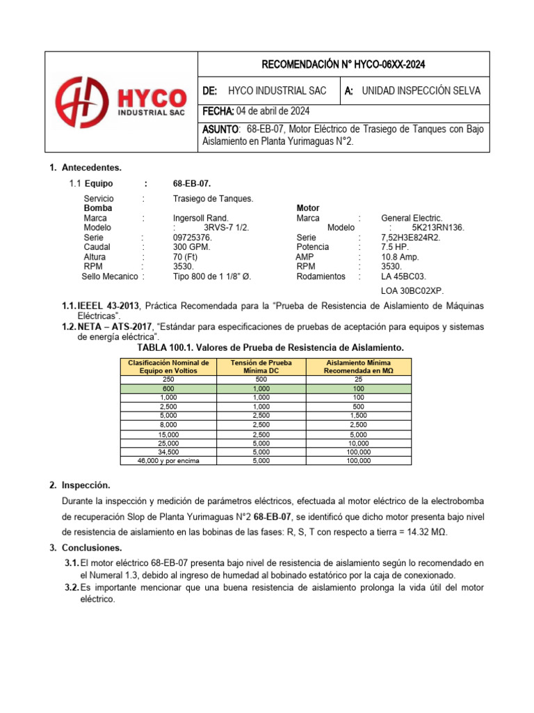 HYCO-000X-2024 68-EB-07, Motor Electrico de Trasiego de TK - BAJO AISLAMIENTO - PVYU N°2 25.04. ...