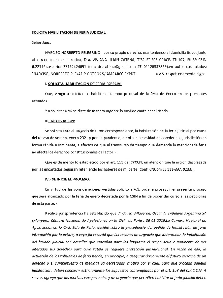 Solicita Habilitacion de Feria Judicial. Presenta Poder. Solicita Medida Con Carácter Urgente ...