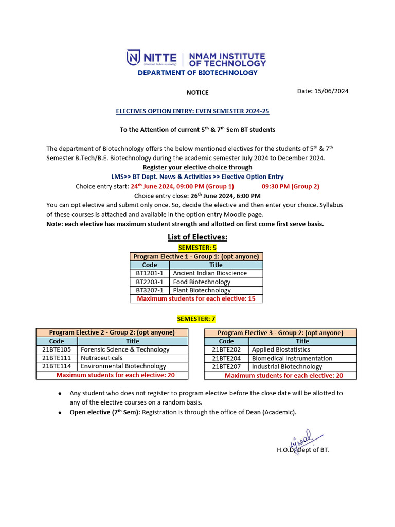 Biotech Electives: 5th & 7th Sem Notice | PDF | Biology | Life Sciences