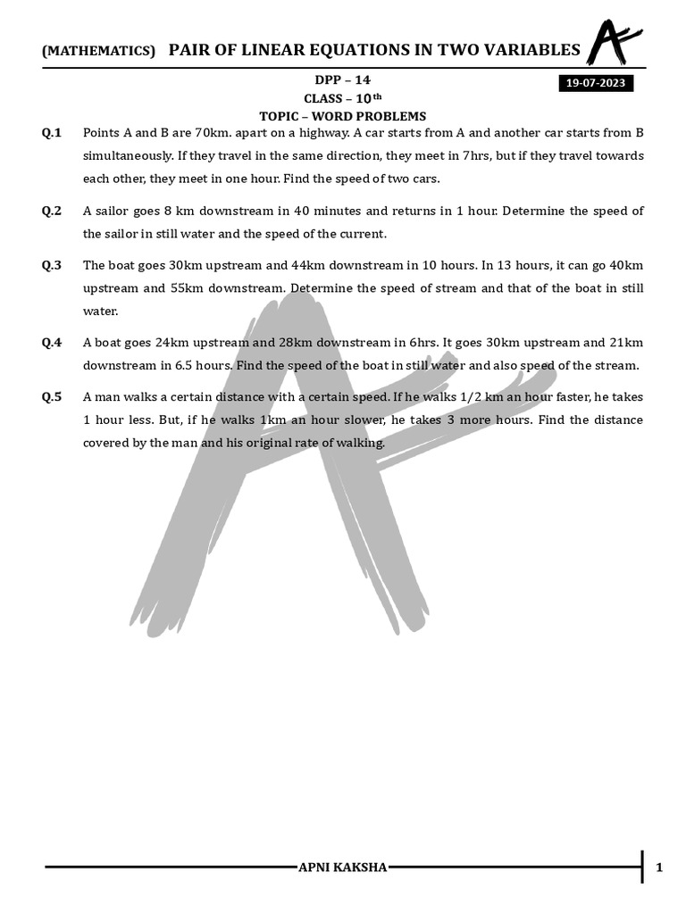 1689789241-Question DPP - 14, 10TH, Maths, Pair of Linear Equations in Two Variables | PDF