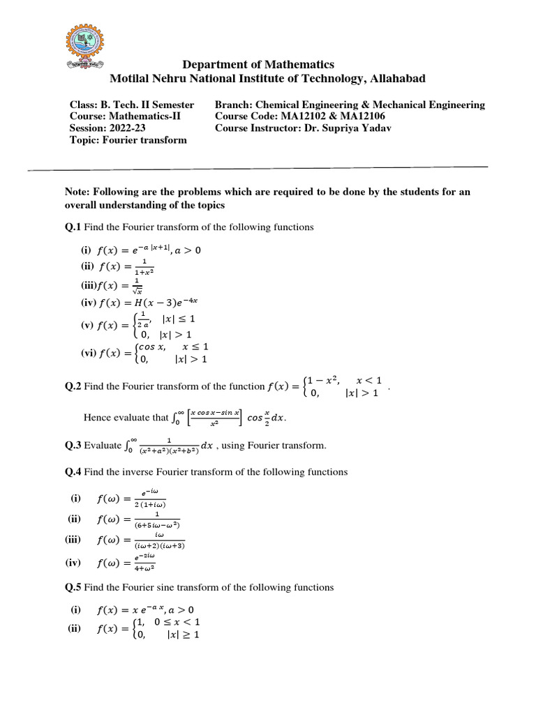 Tutorial Sheet Fourier Transform Download Free Pdf Fourier Transform Pi