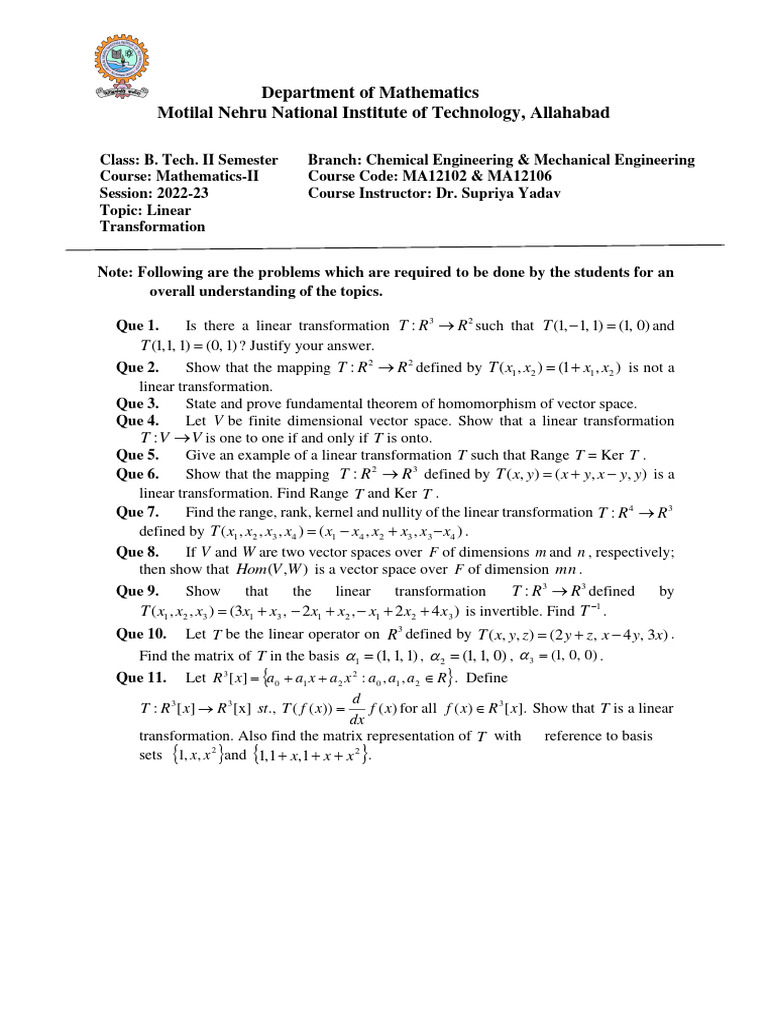 Tutorial Sheet_Linear Transformation | PDF | Linear Map | Vector Space