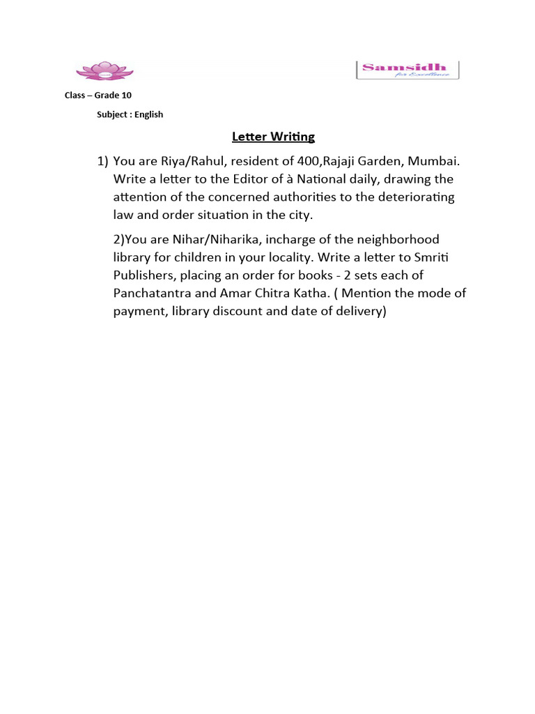 Grade 10 - English Worksheet 1 (Letter Writing) | PDF