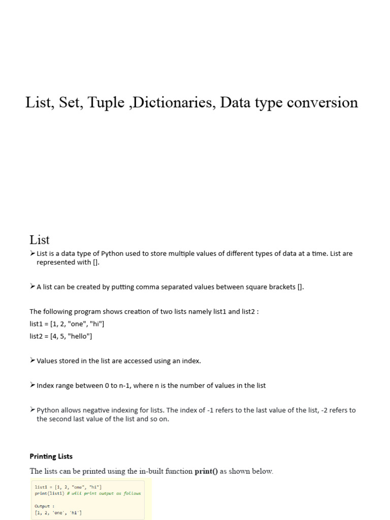 L6 - L7List - Set - Tuple - Dictionaries - Type Conversion | PDF ...