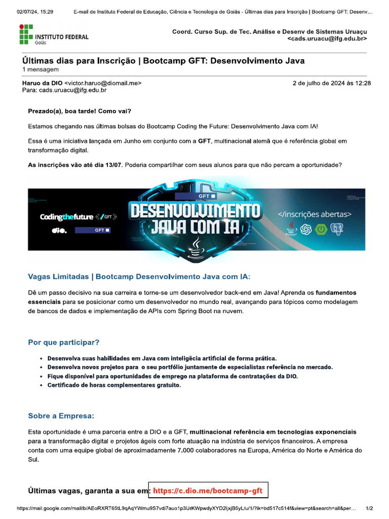 Últimas Dias para Inscrição Bootcamp GFT Desenvolvimento Java | PDF