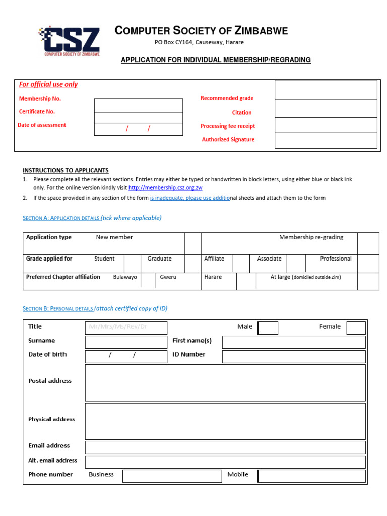 CSZ Individual Membership Application Form | PDF | Professional ...