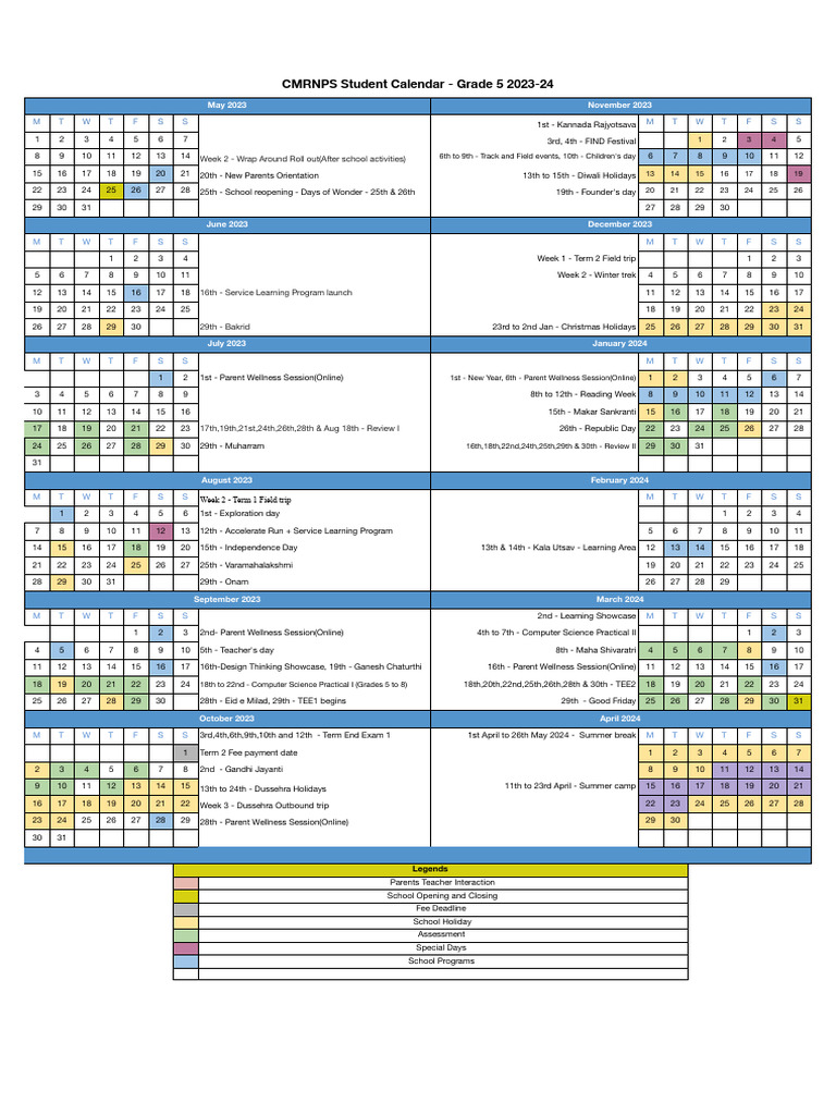 CMRNPS Student Calendar 2023-24 - Grade 5 | PDF