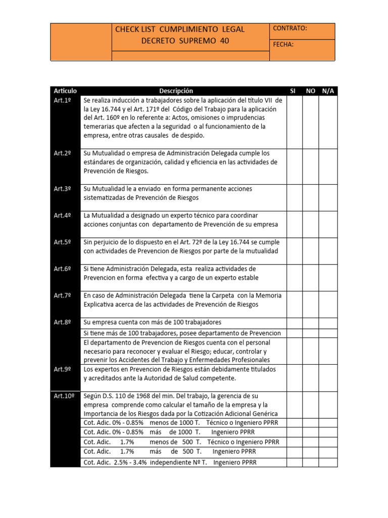 CHECK LIST CUMPLIMIENTO ODI D.S N°40 | PDF