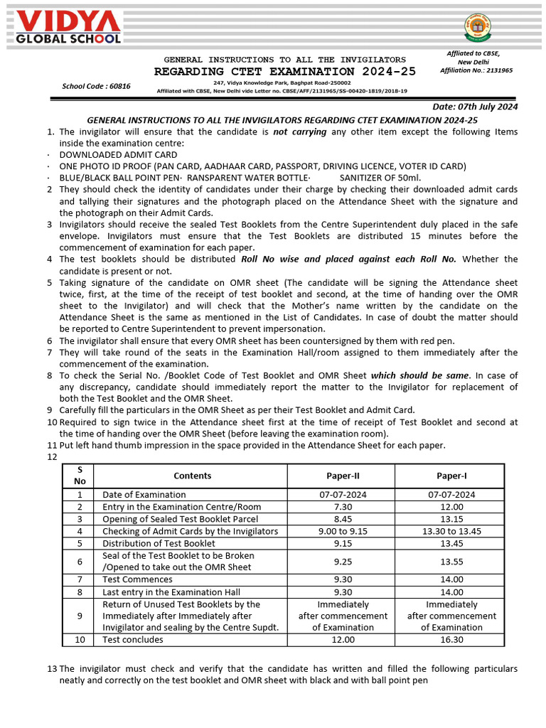 Guidelines For Invigilators | PDF