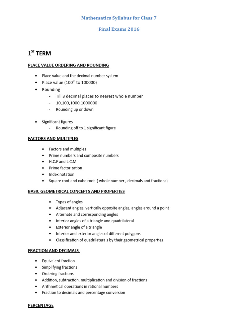 Mathematics Class 7 Final Exam Syllabus | PDF | Numbers | Area