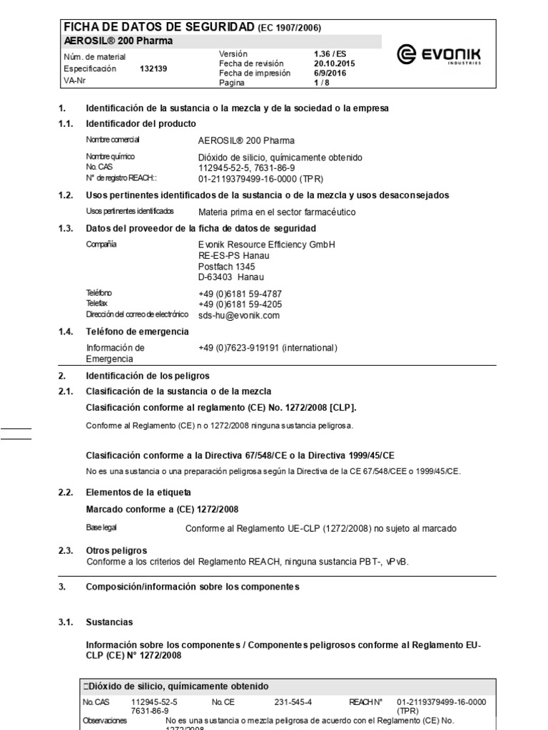 MSDS AEROSIL-200-Pharma-ES | PDF | Toxicidad | Agua