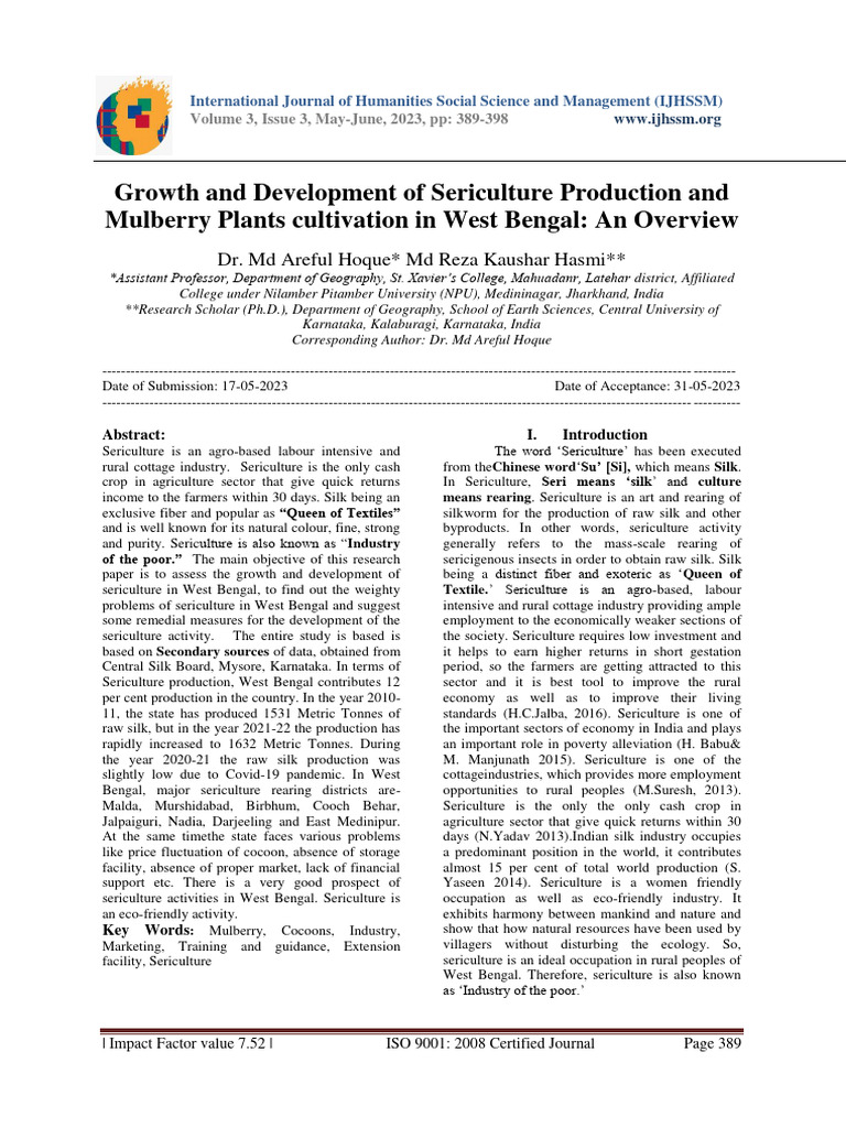 Growth and Development of Sericulture Production and Mulberry Plants Cultivation in West Bengal ...
