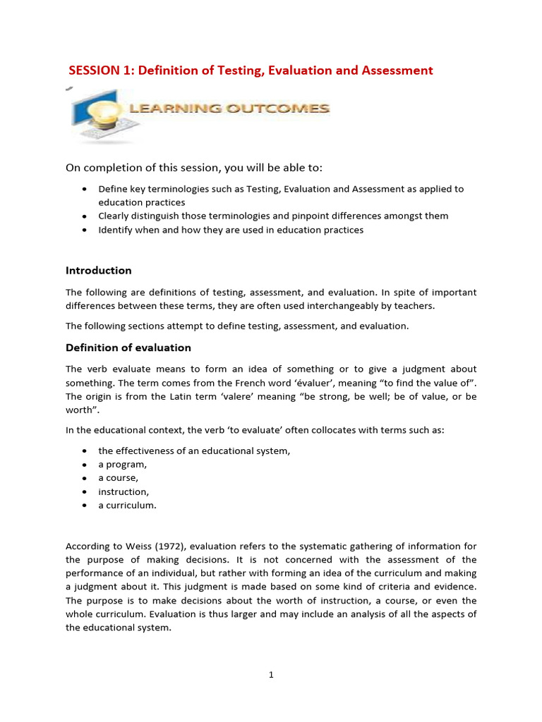 Session 1 Introduction To Evaluation Assessment Testing Pdf