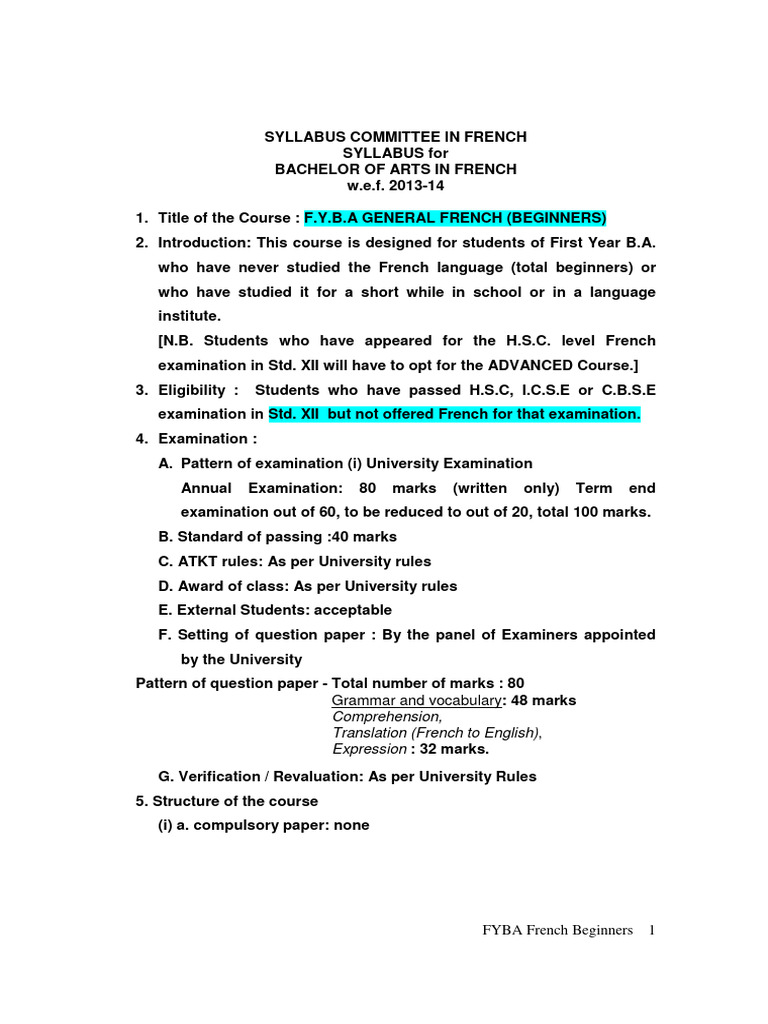FYBA French Beginners Course Syllabus | PDF | Verb | Linguistic Morphology