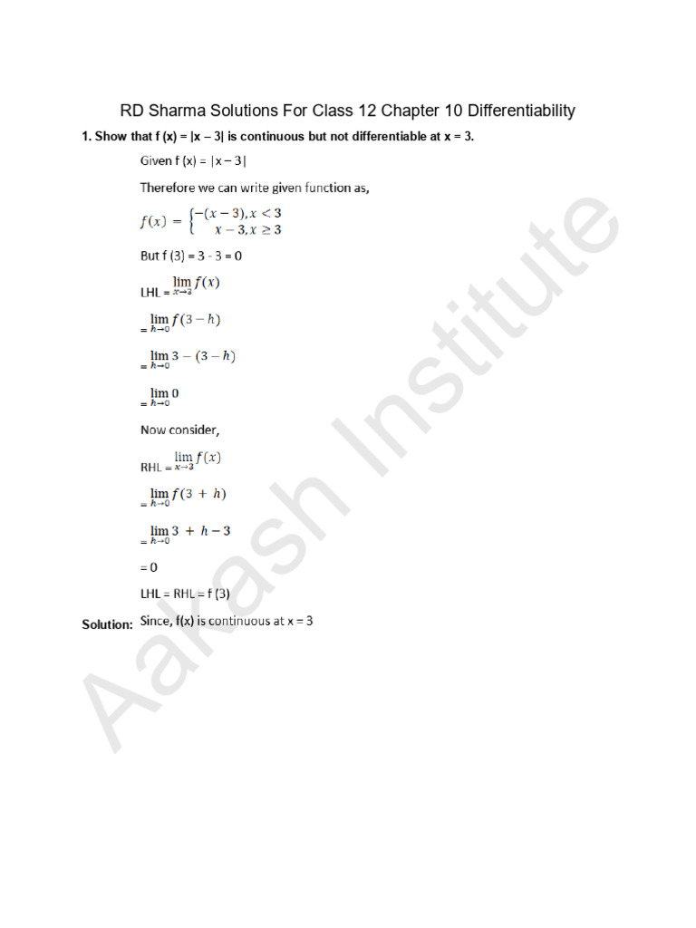 Class 12 Differentiability Solutions | PDF | Function (Mathematics) | Derivative