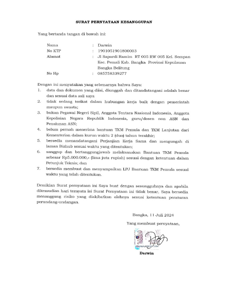 Surat Pernyataan Darwin - Page-0001 | PDF