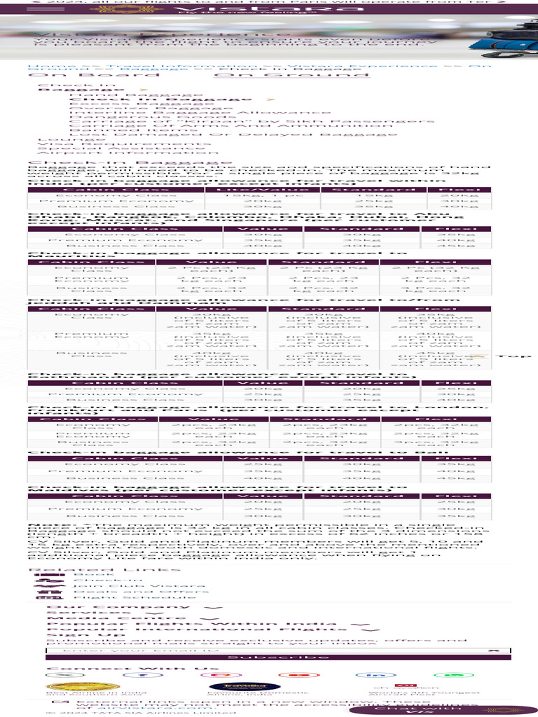 Check-In Baggage Allowance Checked Bag Policy Vistara | PDF | Civil Aviation | Aviation