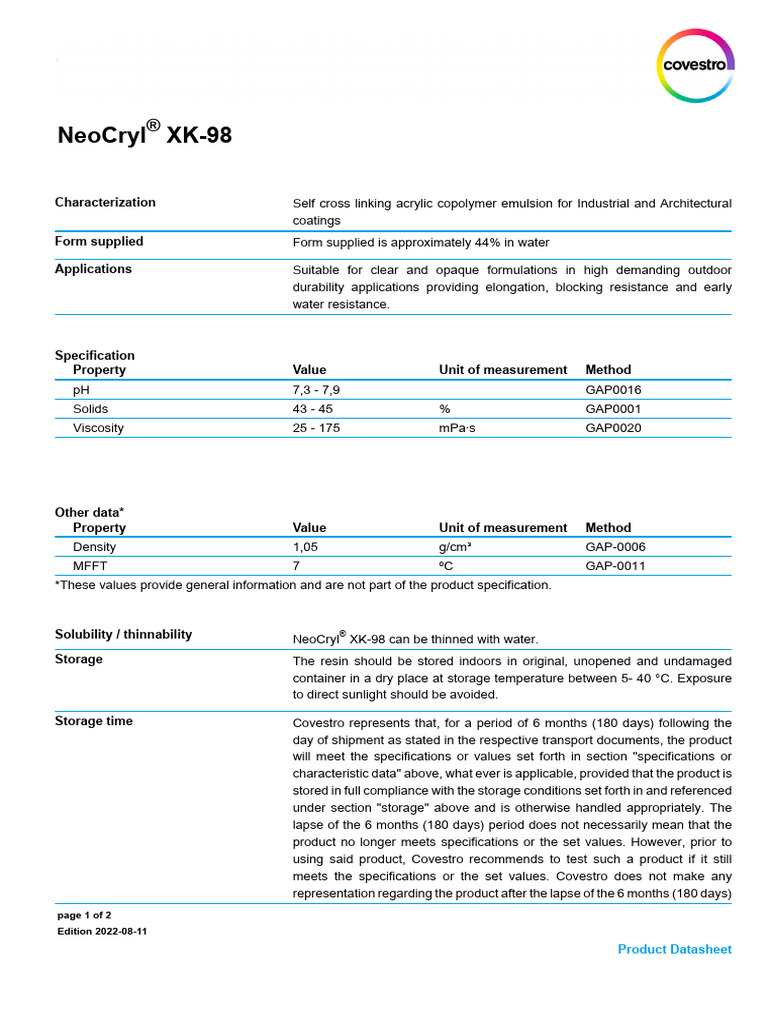 NeoCryl XK 98 - en - 50016212 23375349 23489956 | PDF | Viscosity | Medical Device