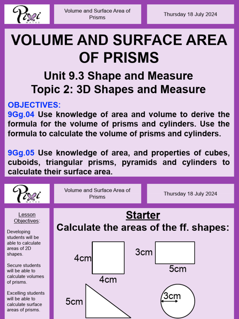 Volume and Surface Area of Prisms | PDF | Area | Volume