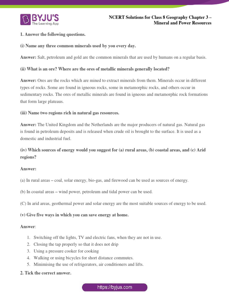 NCERT Solutions For Class 8 Geography Chapter 3 Mineral and Power Resources | PDF | Rock ...