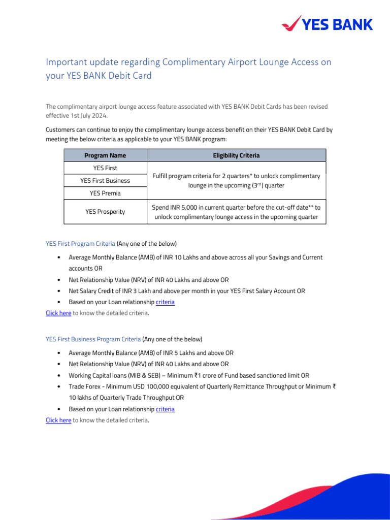 YES BANK Debit Card Lounge Access Update | PDF | Banks | Debit Card