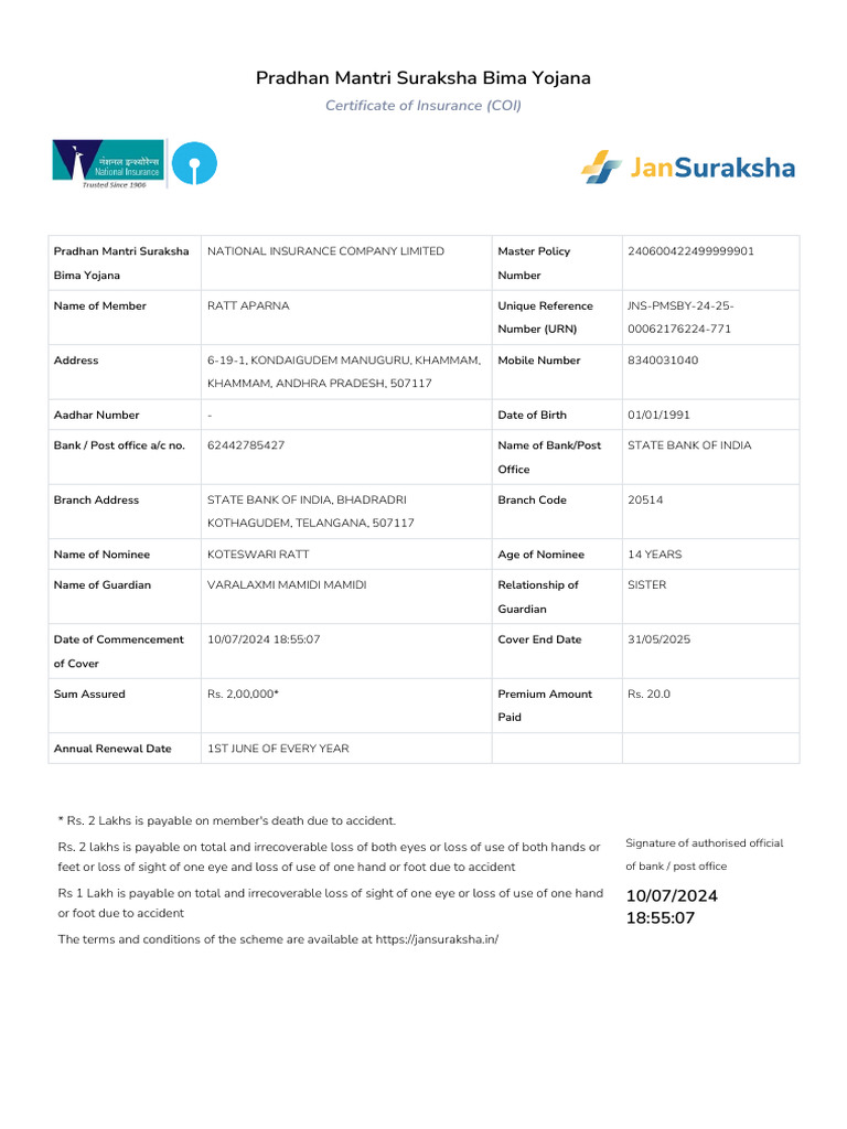 COIJansuraksha - JNS PMSBY 24 25 00062176224 771 - PMSBY | PDF ...