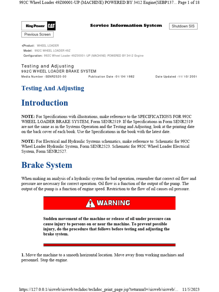 992C - BRAKE SYSTEM Testing and Adjusting SENR 2520-00 | PDF | Brake ...