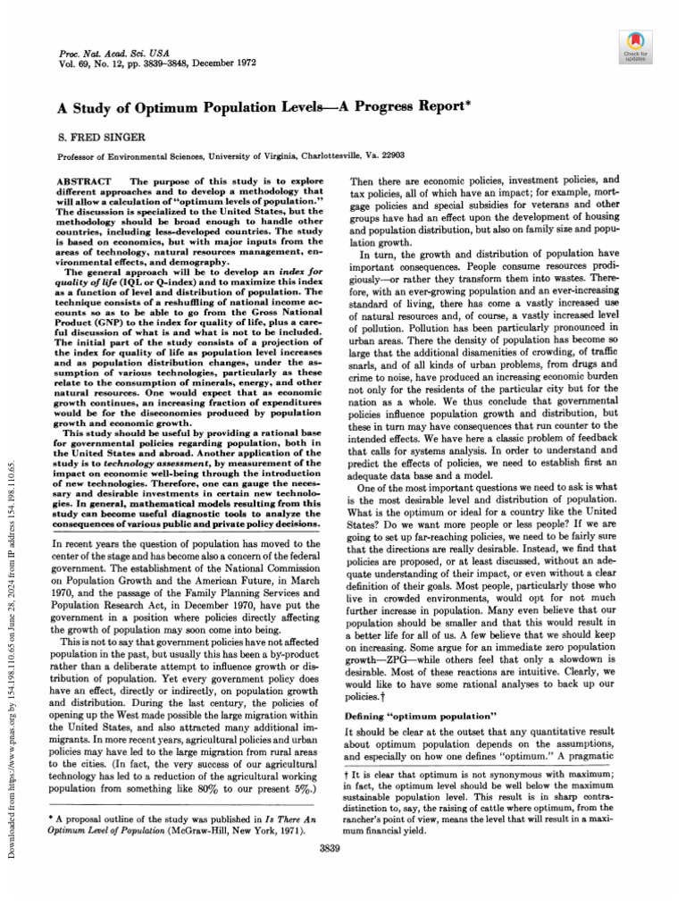 Optimum Population Levels Study Report | PDF | Quality Of Life ...