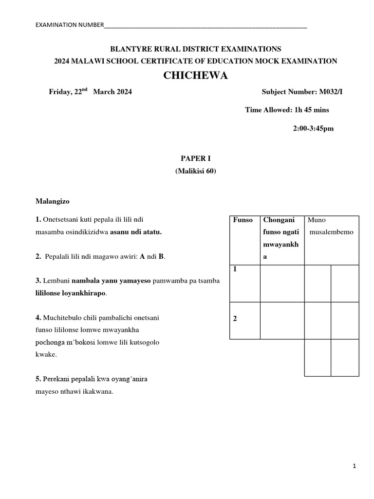 2024 BT - Rural Chichewa Mock p1 | PDF