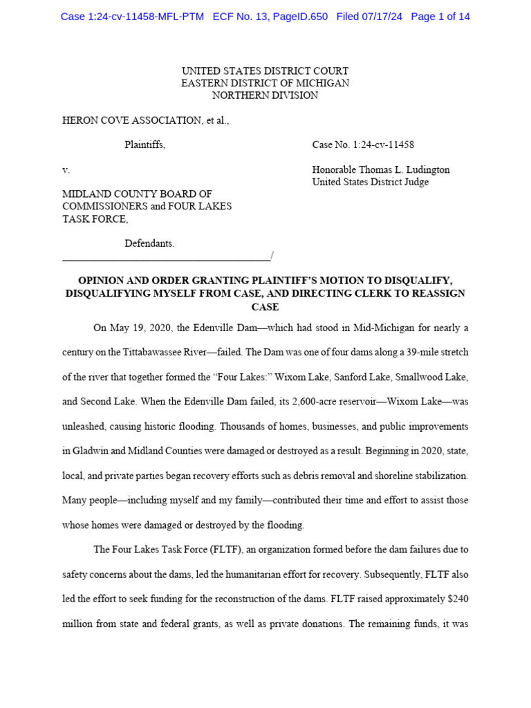 Federal District Court Judge Thomas L. Ludington Recuses Himself From ...