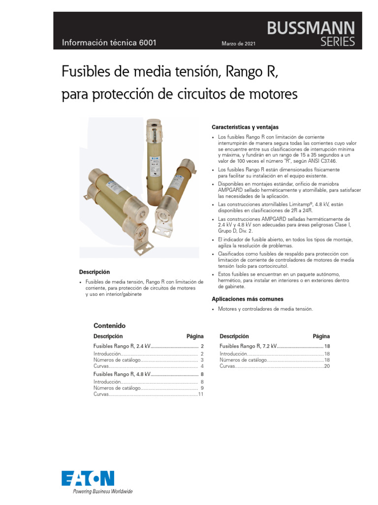 Fusibles de Media Tensión Clasificación R Serie Bussmann Ficha Técnica ...