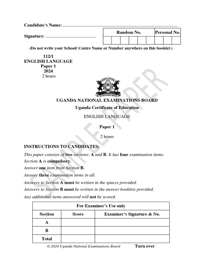 1121 English Language UNEB Sample Paper New Curriculum 2024 Plus Scoring Guide | PDF | Flood ...
