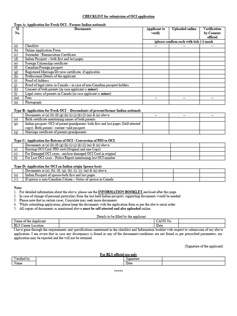 OCI Application Checklist | PDF | Passport | Government And Personhood