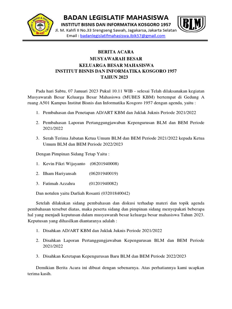 Berita Acara Mubes Kbm 2022 | PDF