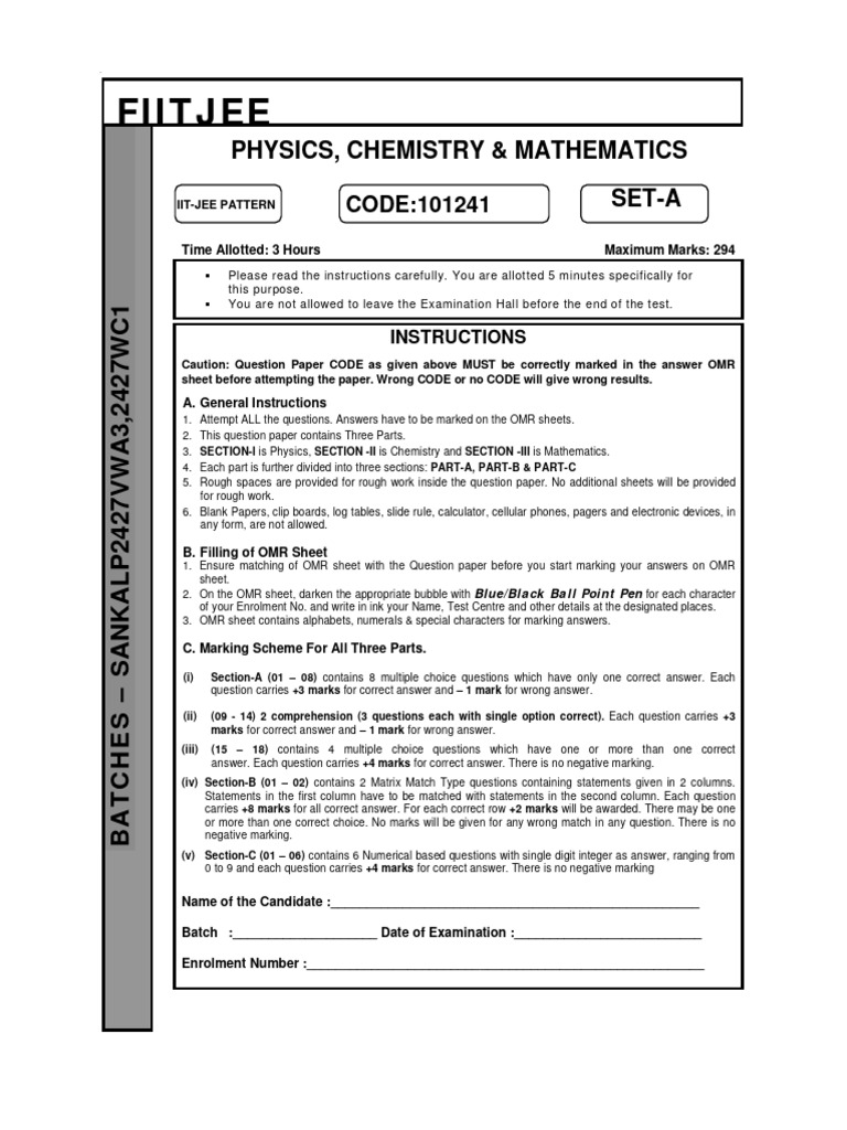Fiitjee: Physics, Chemistry & Mathematics Set-A | PDF | Refraction | Refractive Index