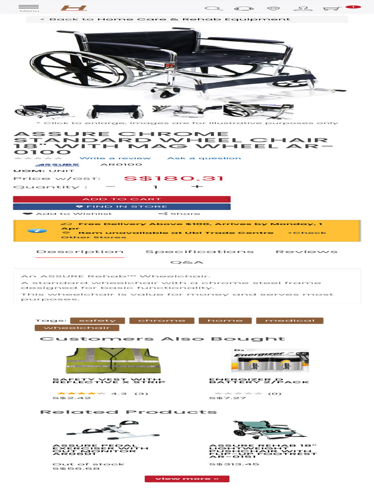 ASSURE CHROME STANDARD WHEEL CHAIR 18 WITH MAG WHEEL AR-0100 Home Care & Rehab Equipment Horme ...