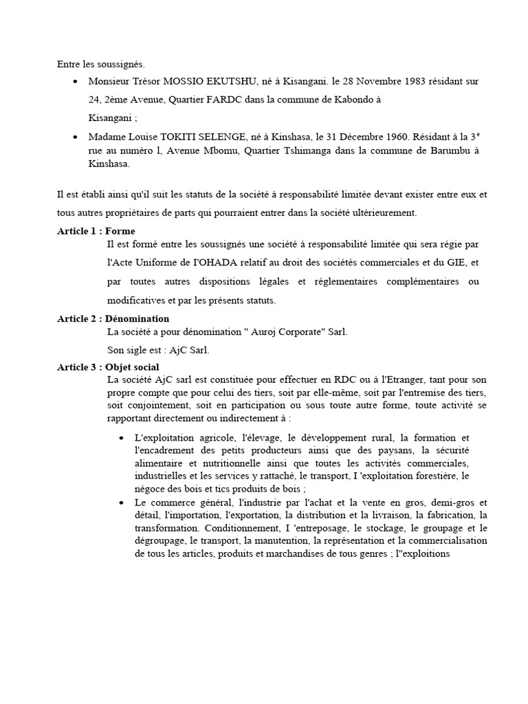 Statuts de la société Auroj Corporate Sarl | PDF | Assemblée générale ...