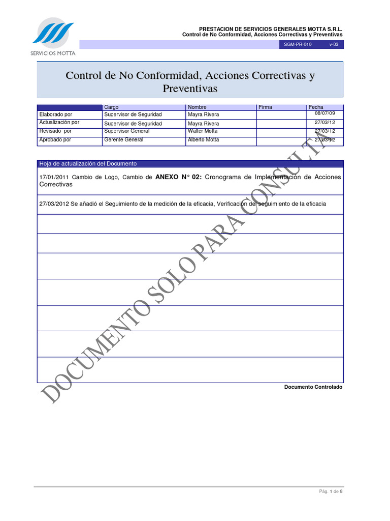 Procedimiento De Control No Conformidad Acciones Correctivas 8618