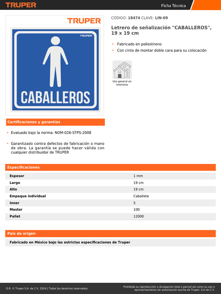 Letrero de Señalización "CABALLEROS", 19 X 19 CM: CÓDIGO: 18474 CLAVE ...