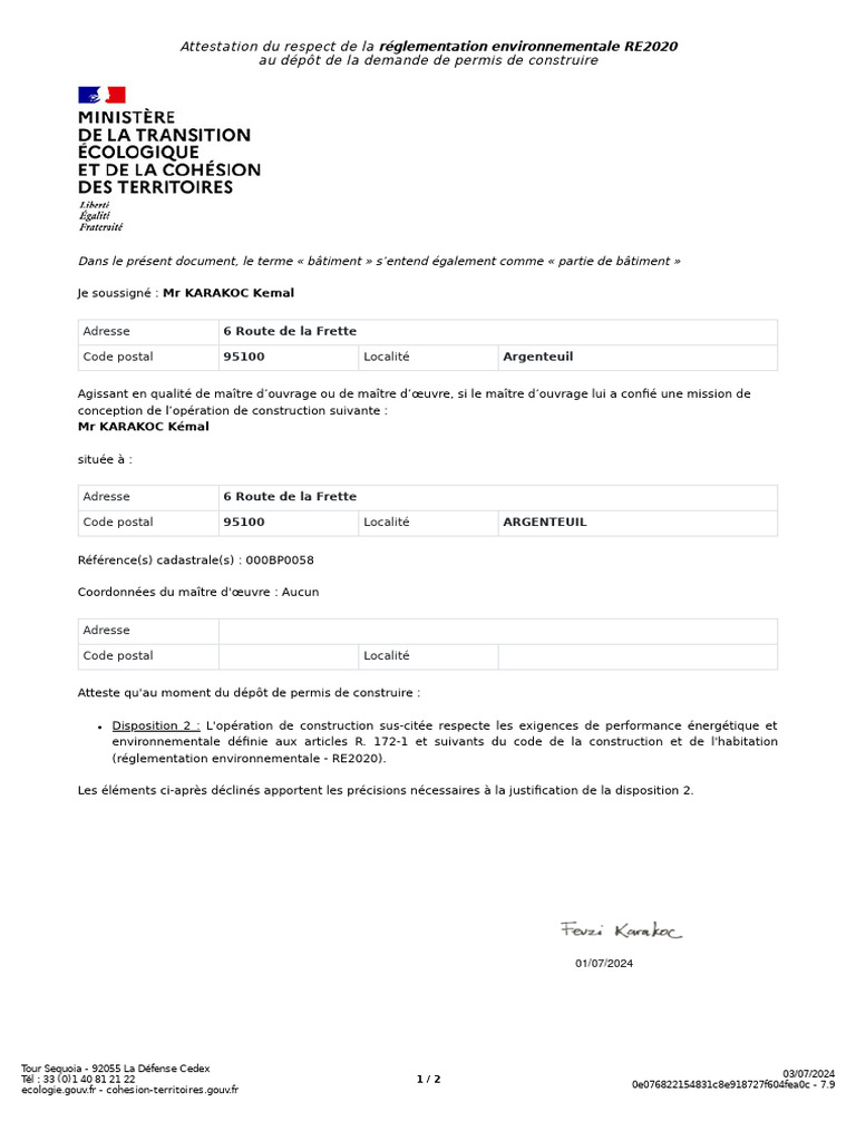 Attestation RE2020 pour permis de construire | PDF