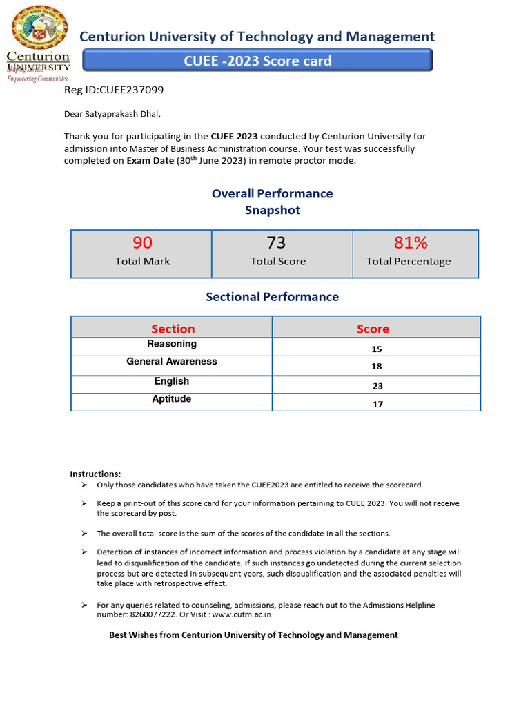 CUEE 2023 MBA Scorecard Details | PDF
