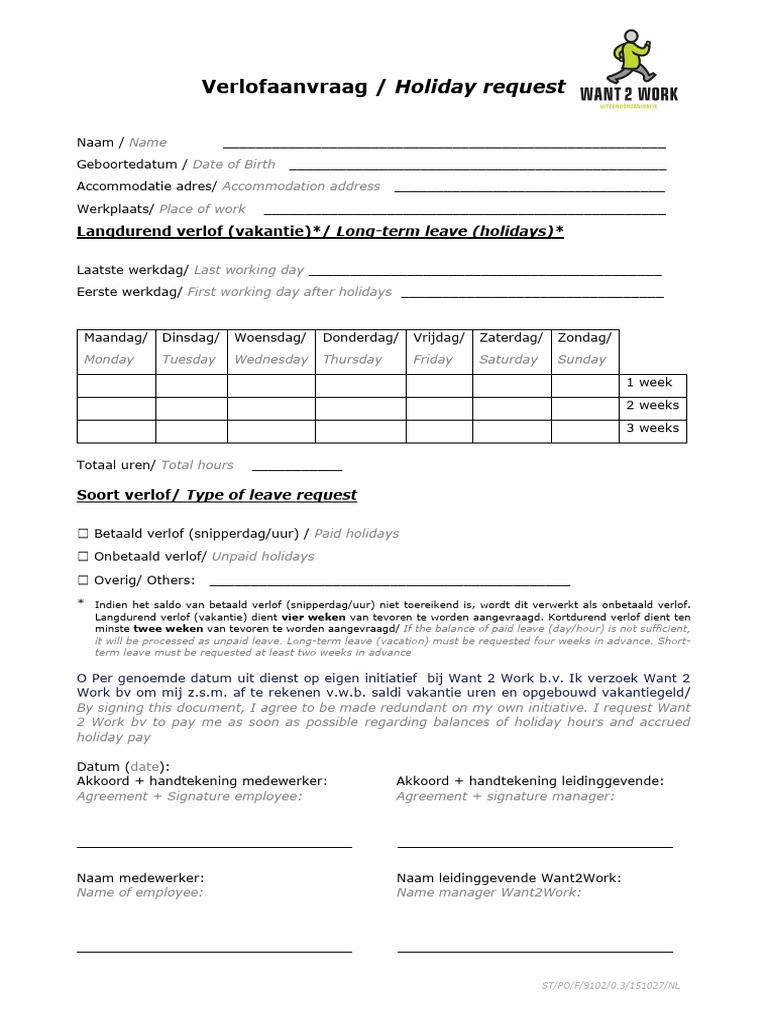515 Formulier Verlofaanvraag W2W | PDF