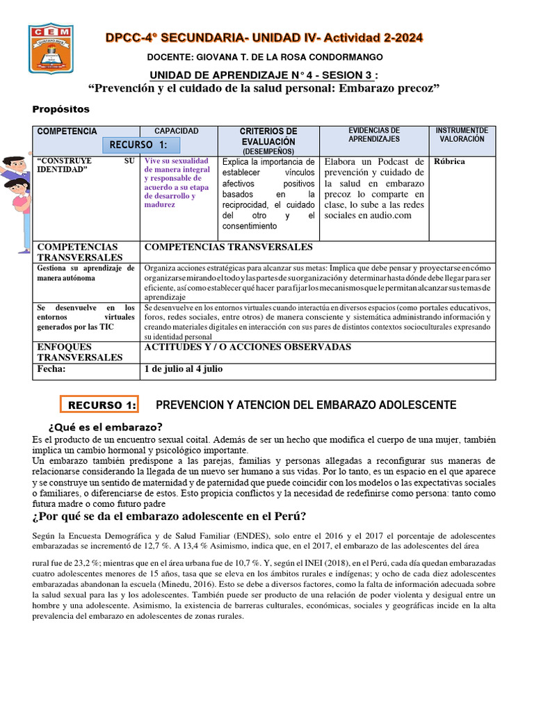 Actividad 3 - IV Unidad Cuarto DPCC 2024 | PDF | El embarazo | Aborto