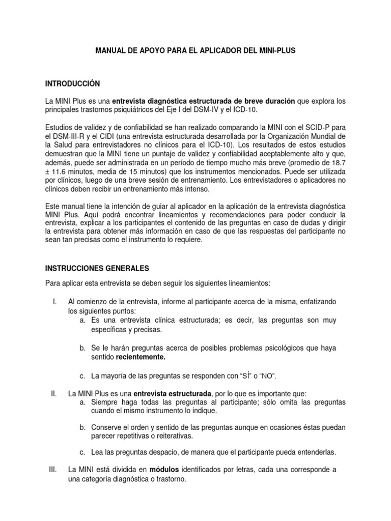 MINI Plus Manual | PDF | Ansiedad | Depresión (estado de ánimo)
