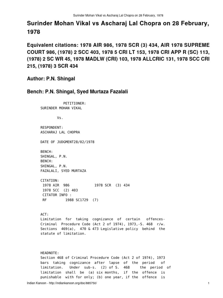 Surinder Mohan Vikal Vs Ascharaj Lal Chopra On 28 February 1978 | PDF ...