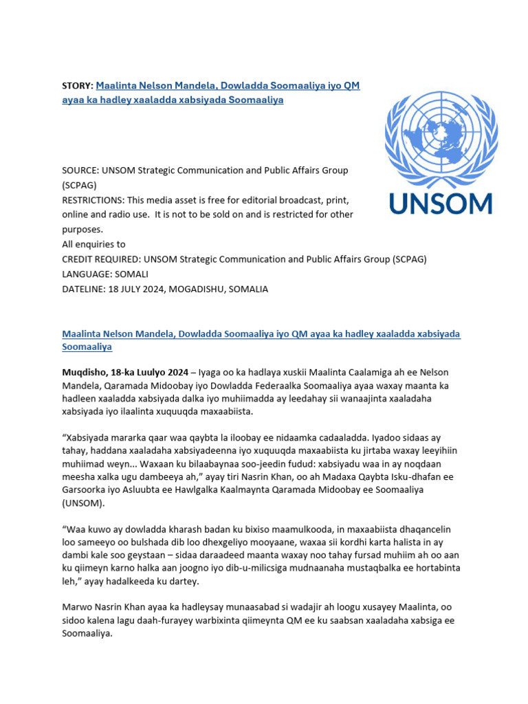 SOMALI ARTICLE - Maalinta Nelson Mandela, Dowladda Soomaaliya Iyo QM ...